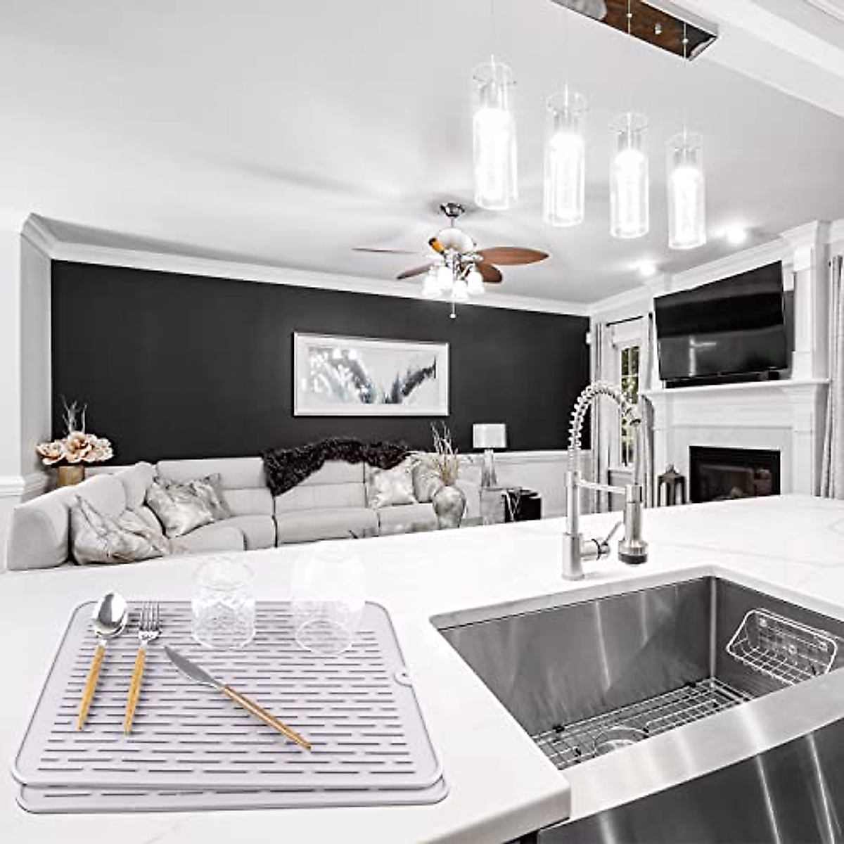 LeMuna Silicone Dish Drying Mat, Kitchen Sink Mat Non-Slip Easy Clean Heat-resistant, Dish Drainer Mat for Kitchen Counter, Sink, Refrigerator or Drawer liner (12" x 16")