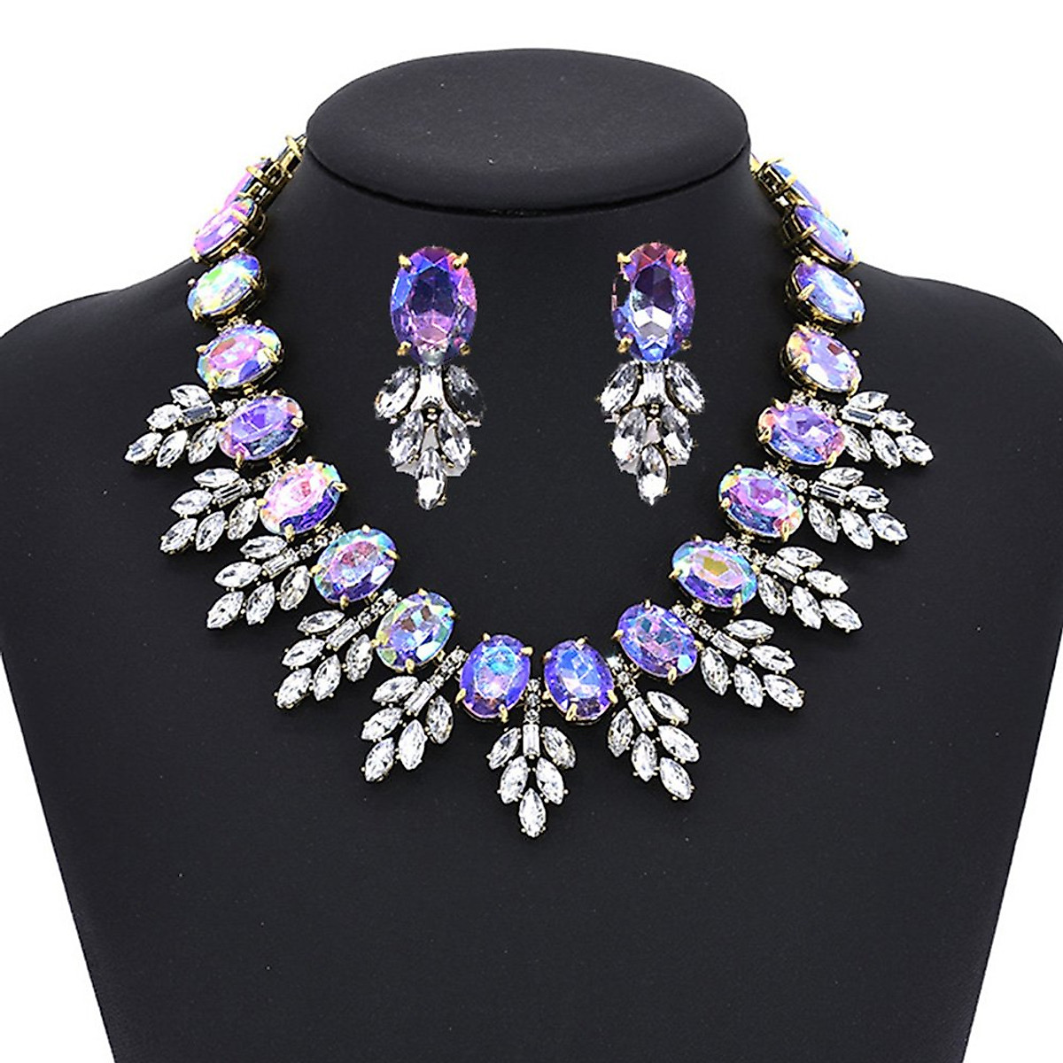Zthread Luxury Colorful Crystal Statement Necklace Leaf Pendant Choker Eveing Dress Bridal Jewelry Necklace Earrings Set for Women (Purple)