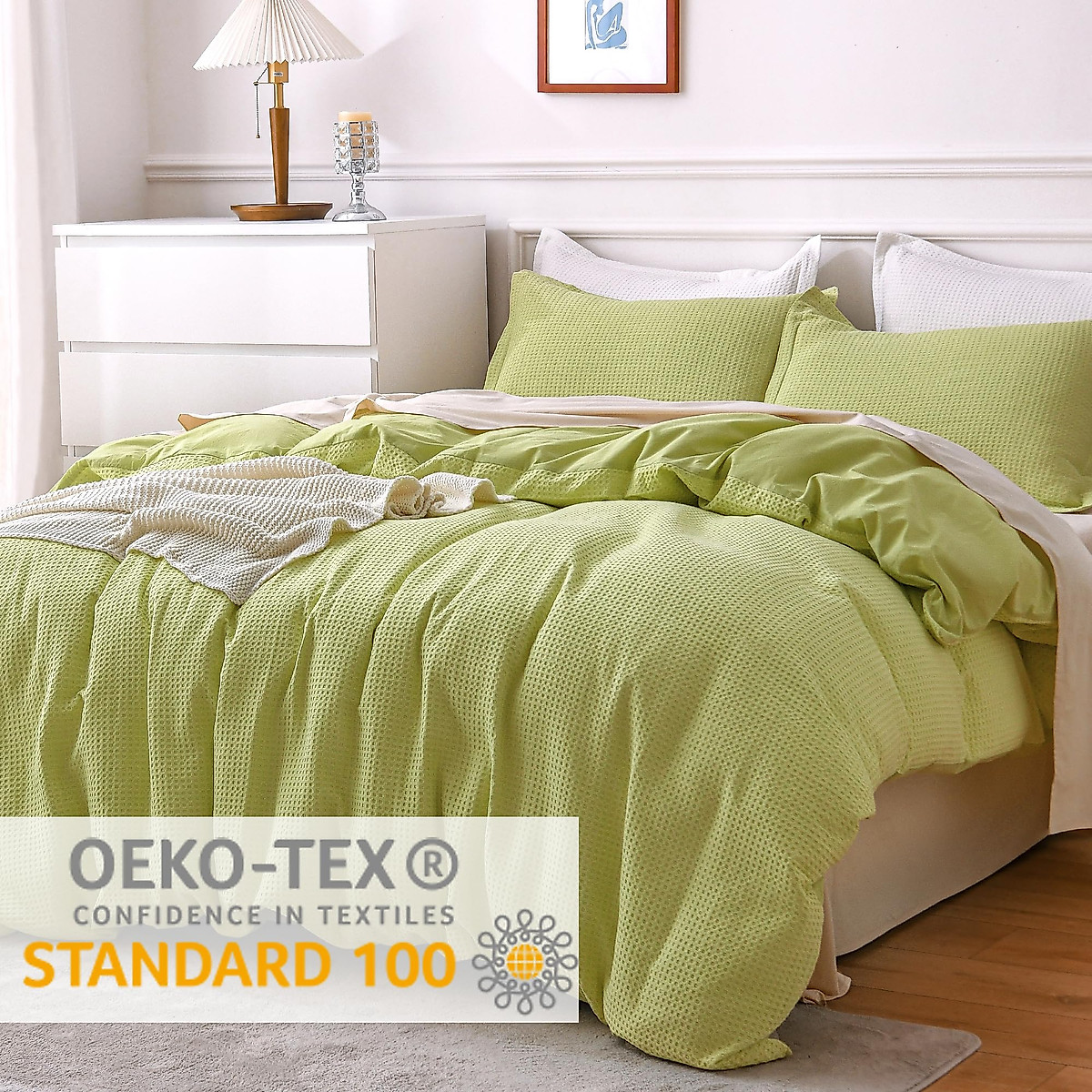 MADELUO 100% Cotton Duvet Cover, Waffle Weave Warm White Duvet Cover Set, Soft Breathable Luxury Comforter Cover Bedding Set with 4 Corner Ties & Zipper Closure