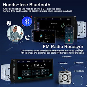 Single Din Car Stereo with Carplay and Android Auto - 6.86 inch Car Radio Touchscreen - EQ Setting Mirror Link SWC USB Charging Bluetooth FM + 12 LEDs Backup Camera