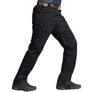 Susclude Men's Tactical Pants Stretch, 9 Pockets Rip Stop Lightweight Cargo Work Military Trousers Outdoor Hiking Pants Black 32Wx32L