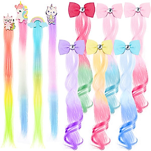 10 Pcs Braiding Hair Extensions with Clips Unicorn Rainbow Mermaid Hair Accessories Curly Straight Colored Hair Clips for Girls Braided Clip on Colored Hair Extensions for Kids Dress Up Supplies