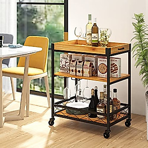 IFANNY Bar Cart, 3 Tier Rolling Cart with Removable Tray and Glass Holder, Wood Coffee Cart on Wheels, Small Kitchen Storage Islands & Carts, Serving Cart for Dining Room, Restaurant, Hotel