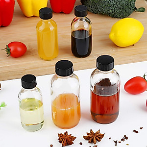 2oz Clear Glass Bottle with Poly Cone Cap, Boston Round Sample Glass Bottle for Potion, Juice, Ginger Shots, Oils, Whiskey, Liquids-48 Labels, 5 Funnels, 5 Droppers, 1 Brush & Chalk Marker-Pack of 40