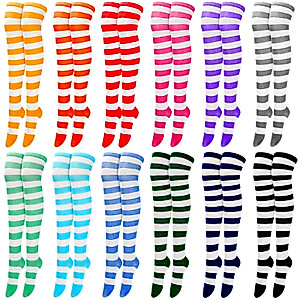 JaGely 12 Pairs Women Thigh High Socks Striped Knee High Socks Thigh High Socks for Women Multicolored Elastic over The Knee Long Stocking Socks for Women Girls Anime Cosplay Daily