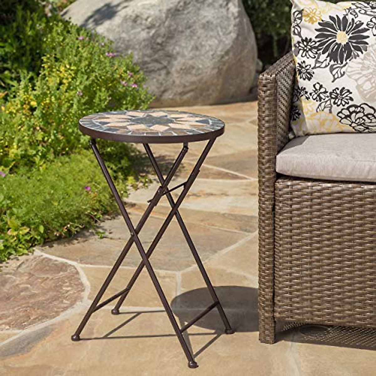 Christopher Knight Home Silvester Outdoor Stone Side Table with Iron Frame, Beige / Black
