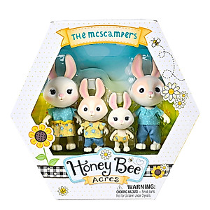 Honey Bee Acres The McScampers Rabbit Family, 4 Mini Flocked Doll Play Figures, Bunny Collectibles, Pretend Play Toys for Kids, Valentines, Easter Basket, Birthday Gift for Girls 3+