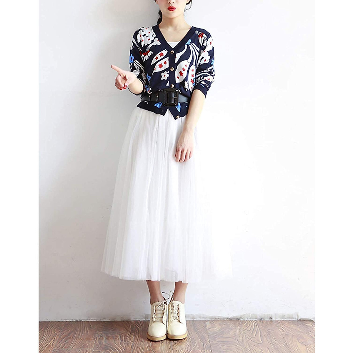 LBKKC Women's Midi Tulle Skirt Elastic Waist 3 Layered Mesh Formal Prom Party Tutu Skirt A Line(L,Off White)