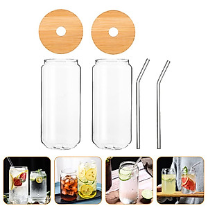 DOITOOL 2PCS Beer Can Glass with Lid and Straw, 18.6 oz Can Shaped Glass Cup with Lids ans Straw, Drinking Glass Cup with Glass Straw for Juice, Beer, Soda, Iced Drinks and Cocktails ( 550ml )