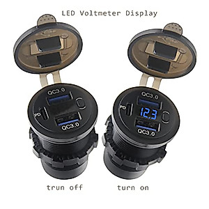 Dual USB Quick Charge 3.0 Port & PD USB C Car Charger Socket, 12V USB Outlet with Voltmeter and Power Switch for Car Boat Marine Truck