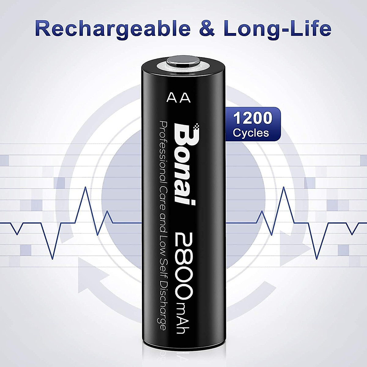 BONAI Rechargeable AA Batteries 2800mAh High Capacity, Recharge up to 1200x Times, Pre-Charged, Low Self Discharge Ni-MH AA Battery-16 Count