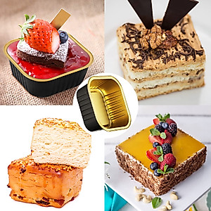 AXZTYYLA Square Baking Cups, 50pcs 5oz Aluminum Foil Mini Cake Pans with Lids, Disposable Creme Brulee Ramekins Muffin Tins Flan Cupcake Liners Dessert Cups Containers with 50 Spoons (Black, 50pcs)