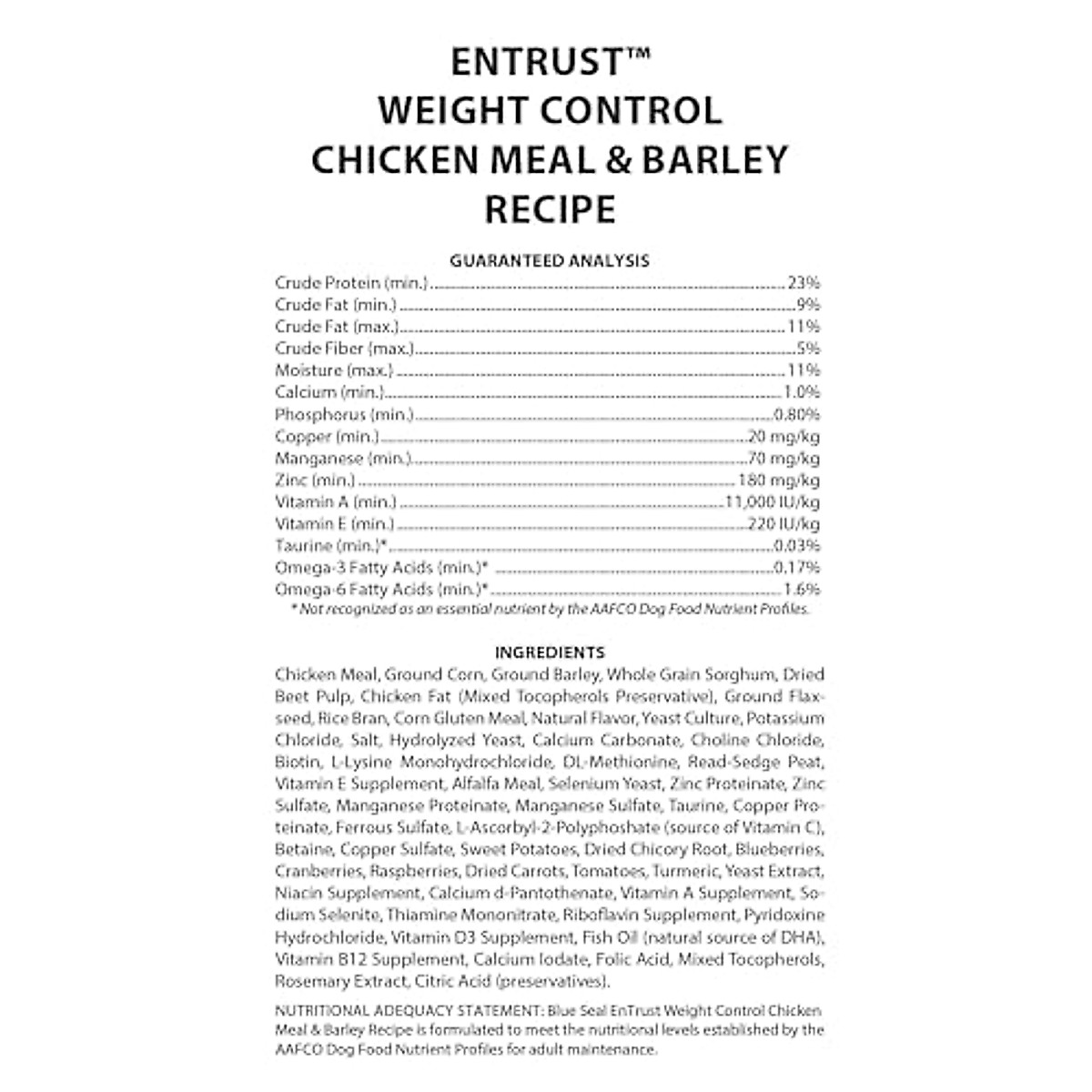 ENTRUST Weight Control Dog Food | Real Chicken & Barley | Enriched with Super Foods, Antioxidants and Probiotics | No Wheat or Soy | 20 Pound Bag