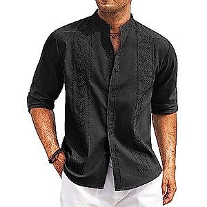 COOFANDY Mens Casual Button Up Shirt Cuban Beach Shirt Band Collar Summer Shirt, Black, X-Large, Long Sleeve