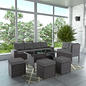 Gotland 7 Pieces Wicker Patio Furniture Set Outdoor Rattan Sofa Set All Weather with Dining Table & Ottomans Soft Cushions for Backyard Garden Poolside Balcony Sectional Conversation Couch Set…