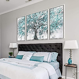 Abstract Landscape Canvas Wall Art: Blue Tree Blooming Pictures Large Nature Maple Oil Painting Print Framed Glitter Silver Foil Contemporary Hand Painted Artwork for Modern Living Room Bedroom Bathroom