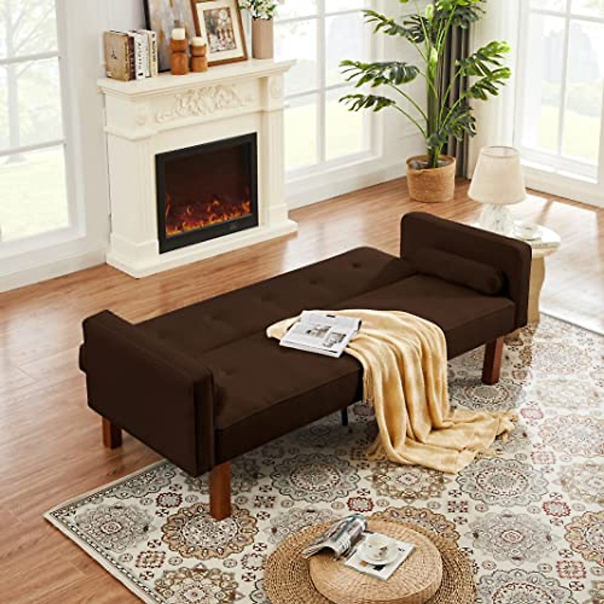 FULife Convertible Loveseat Sofa Bed Sleeper Daybed,Modern Upholstered Folding Recliner,Small Futon Sofá,2 Seaters Couches with Two Pillows for Living Room/Office/Aparment/Place, Brown 74.4" w