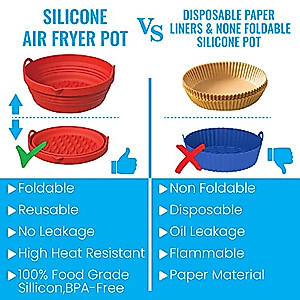 3 packs Foldable air fryer silicone pot/air fryer liners 7.5inch/air fryer silicone liner pot 8.5 inch/reusable silicone pot with silicone oven mitts/easy to clean oven air fryer silicone baking pot