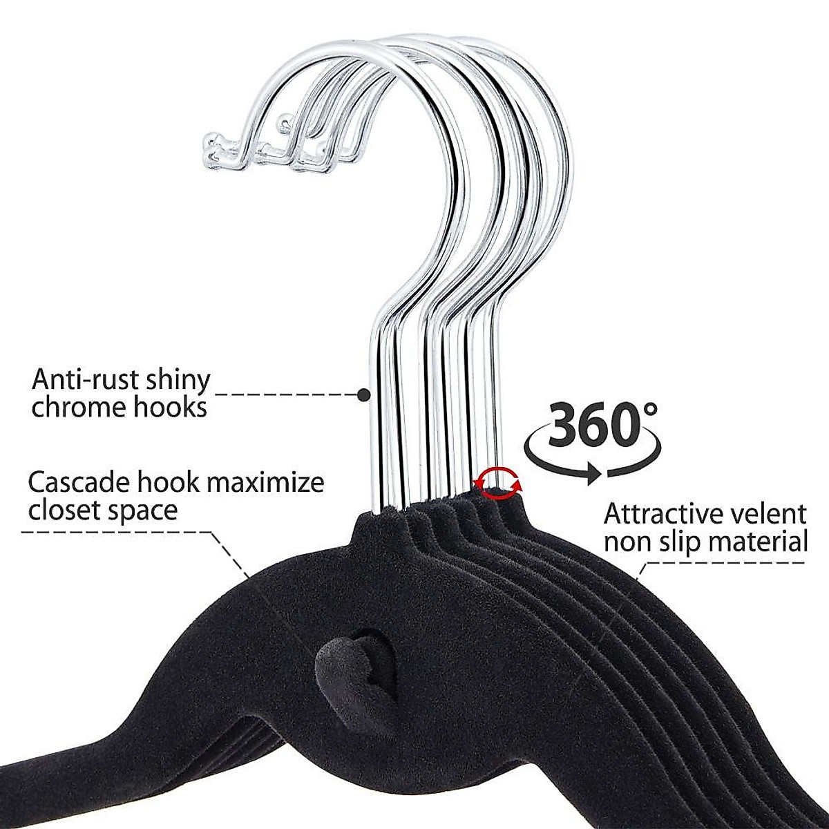 Yaheetech 100 Pack Non Slip Cascading Velvet Hangers - Standard Hangers Felt Suit Clothes Hangers Space Saving 360° Swivel Hook Black