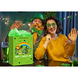 WhatSign St.Patricks Day Gift Bags with Handle 11.5" Happy St.Patrick's Day Gift Bags Shamrock Lucky Paper Gifts Bags with Tissue Paper Irish Clover Gift Wrap Bags St Patricks Day Party Favor Supplies