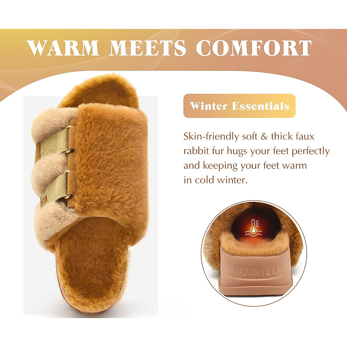 KuaiLu Womens Fuzzy Platform Open Toe Slippers with Arch Support Fluffy Furry Slides Orthotic Faux Fur Sandals house Indoor Outdoor Camel Size 9