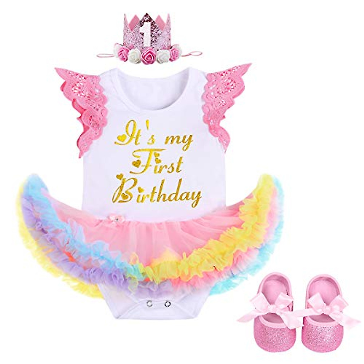 ODASDO Baby Girl First Birthday Outfit Rainbow Tulle Vest Tutu Princess Romper Dress Bodysuit Tiara Crown Headband Shoes 3pcs Cake Smash Set Photo Props Pink 6-12 Months