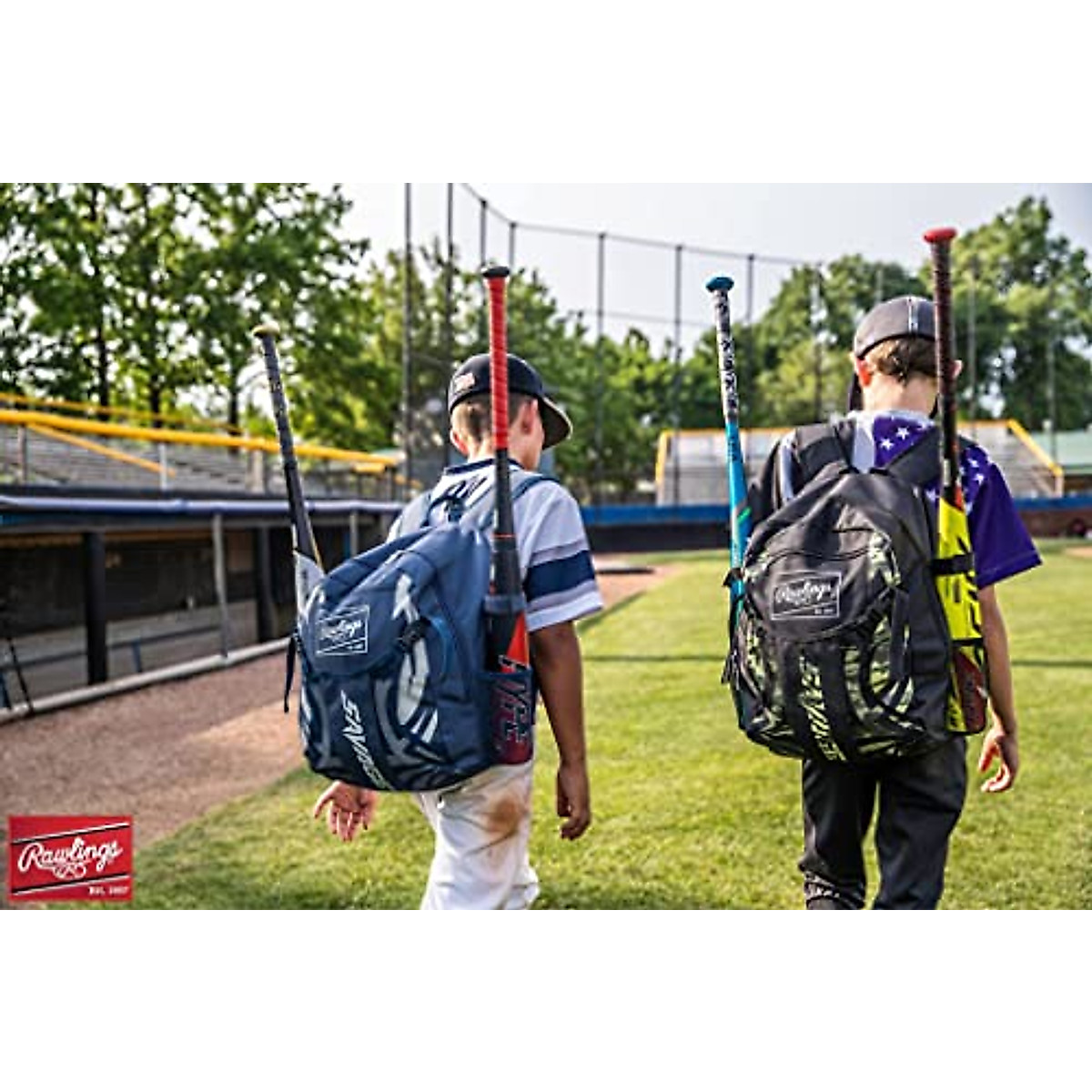 Rawlings Savage Youth Baseball Bag - Kids Bat Bag – Durable Baseball Backpack – Holds Two Bats – Includes Hook to Hang on Fence - Black/Royal
