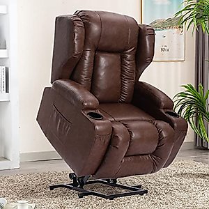 IPKIG Power Lift Chairs Recliners for Elderly with Massage and Heated, Faux Leather Power Recliner Chair with USB Ports/2 Remote Control/4 Side Pocket for Living Room, Bedroom (Brown)