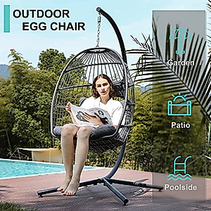 SWITTE Hanging Egg Chair with Stand, Egg Swing Hammock Chair with Stand, Indoor Outdoor Wicker Egg Chair with Cushion Headrest for Patio Bedroom Porch Garden, 350LBS Capacity(Dark Grey)