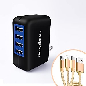 USB Charging Hub Charger Block Wall Charger USB Charger Adapter Charging Station 4 Multi Port Fast Charger Power Block with Cable for iPhone 12 Pro Max Plus Samsung Multiple Device Phone Tablet Laptop