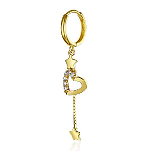14k REAL Yellow Gold Heart & Star CZ Drop Earrings