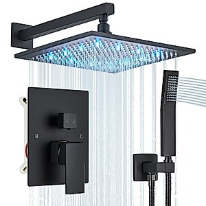 Saeuwtowy 12 inches LED Rainfall Shower Head with Brass Handheld Rain Shower System Shower Faucets Sets Complete or Bathroom Rough-in Valve Body and Trim Included Matte Black