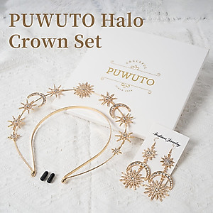puwuto Halo Crown - Stars Crystal Goddess HeadBand with Earrings Mary Metal Halo Headpiece Celestial Crowns Tiaras for Women Bridal Wedding Costume Cosplay Party Goddess Accessories - Gold, Metal,