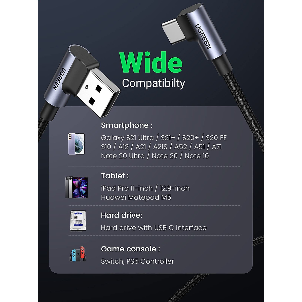 UGREEN USB to USB C Cable 90 Degree USB C Fast Charging Cord Compatible with iPhone 15/15 Plus/15 Pro/15 Pro Max/Samsung Galaxy S10/S10+/Pixel 7/6a/LG G8/G7/Pixel/Switch, etc, 1.6FT