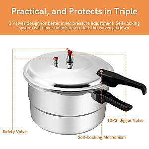 BreeRainz 5.3 Quart Pressure Cooker, 10 PSI Aluminum Pressure Canner w/Triple Valves & Auto Lock System