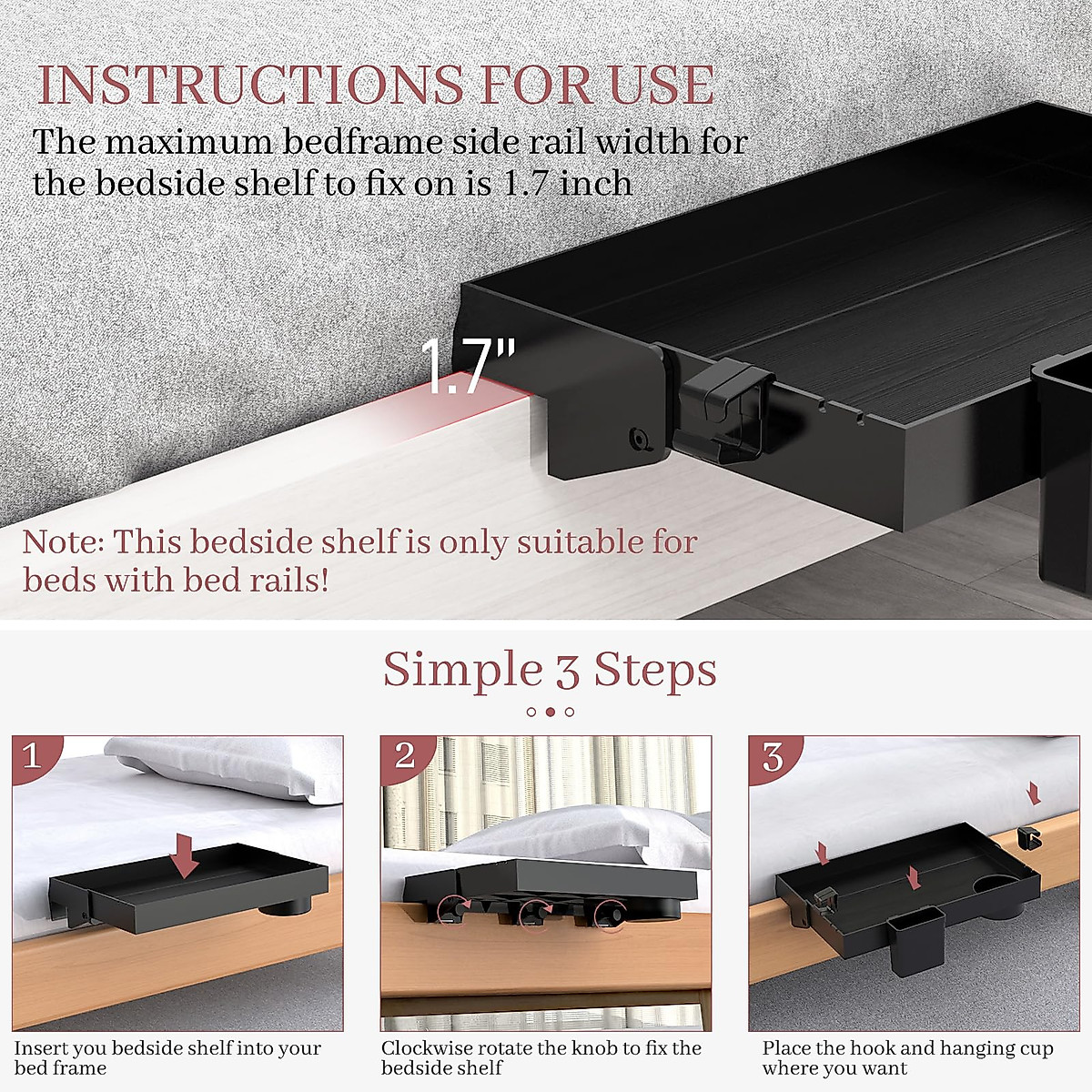 SOLEJAZZ Bedside Shelf for Bed, Folding Bunk Bed Shelf for Top Bunk Clip On Nightstand College Dorm Room Essential Table Tray, Plus Size, Black