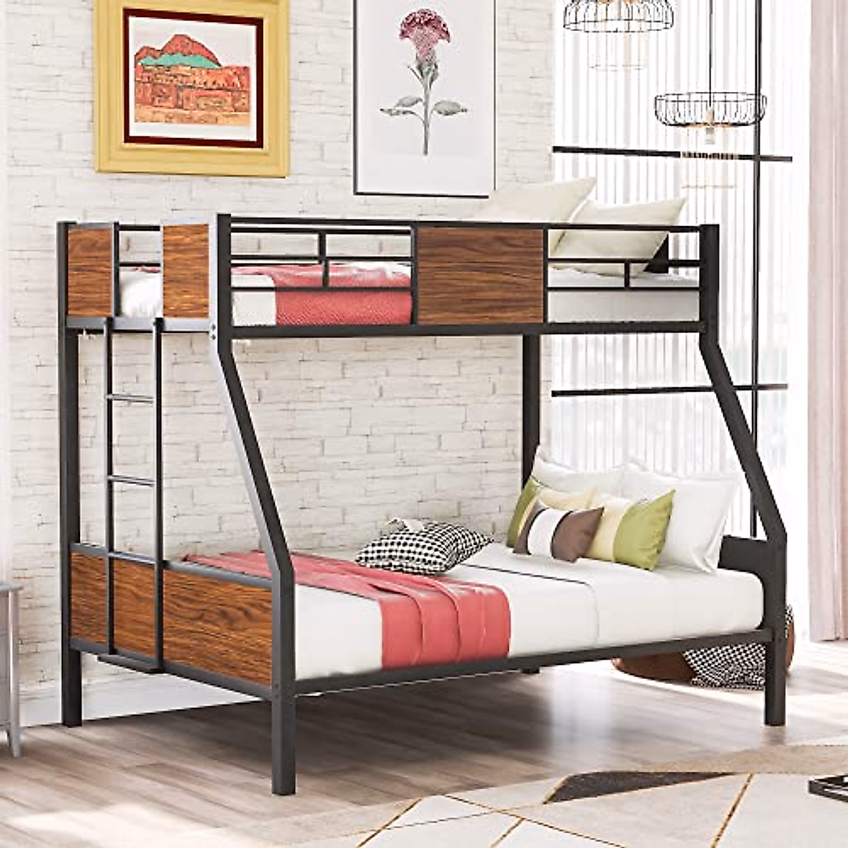 Merax Modern Twin Over Full Heavy Metal Bunk Bed with Full Length Rail for Junior,Teens, Adults/Space-Saving/No Box Spring Needed Black