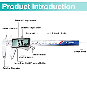 Kynup Digital Caliper, Caliper Measuring Tool with Large LCD Screen, Micrometer Caliper, Stainless Steel, Screen Splash Proof, Easy Switch from Inch Metric Fraction (6 Inch)