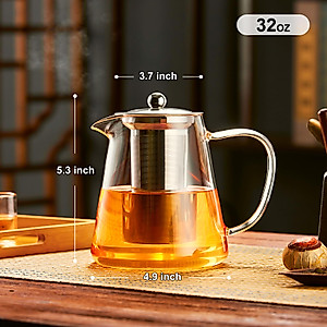 PARACITY Glass Teapot Stovetop 32 OZ, Borosilicate Clear Tea Kettle with Removable 18/8 Stainless Steel Infuser, Teapot Blooming and Loose Leaf Tea Maker Tea Brewer for Camping, Travel (950ML)