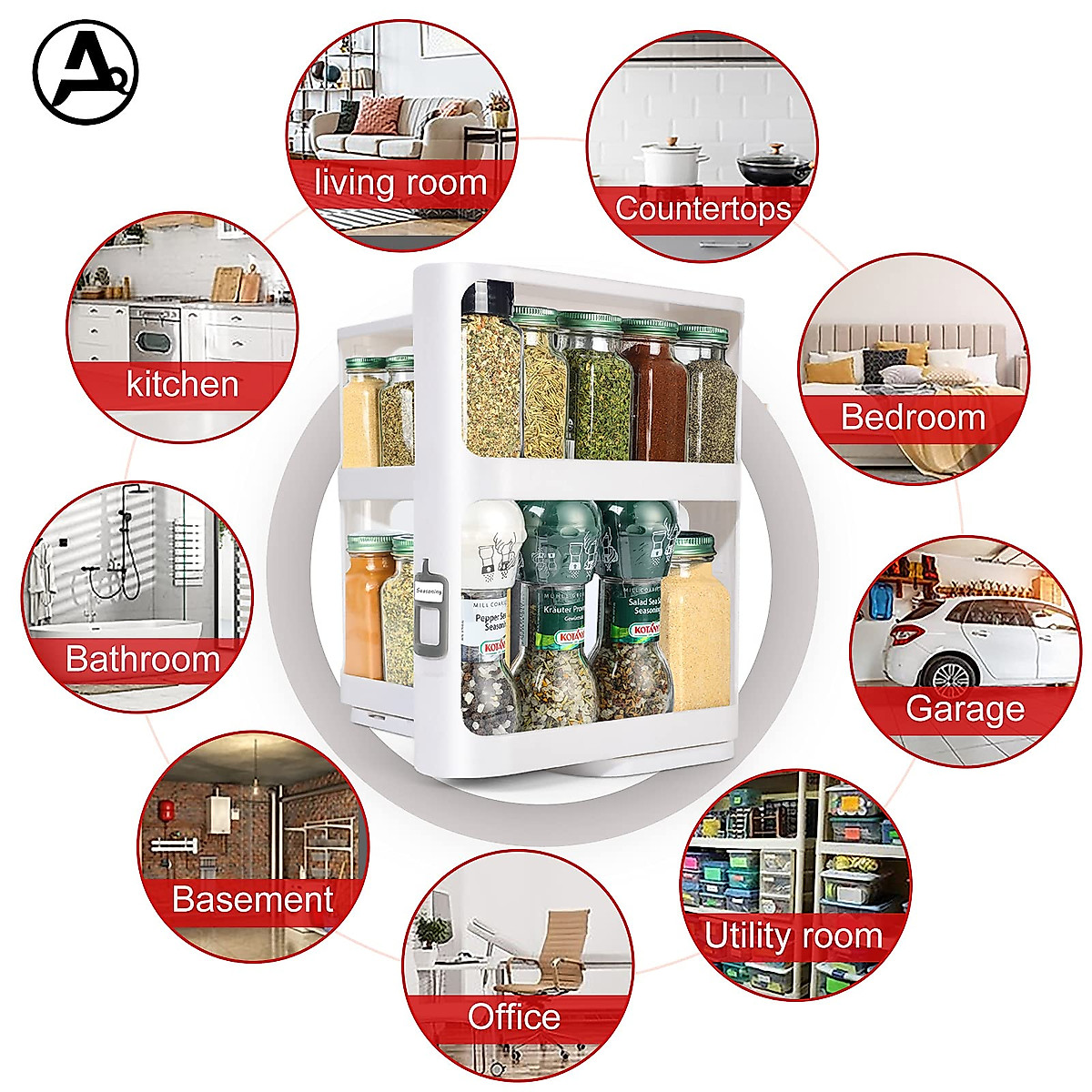 Multi functional Pull-and-Rotate spice Organizer for drawer, Countertop, Garage Storage rack Spice Rack for Cabinet, Makeup Organizer for Jars, Bottles, Medicine (White)