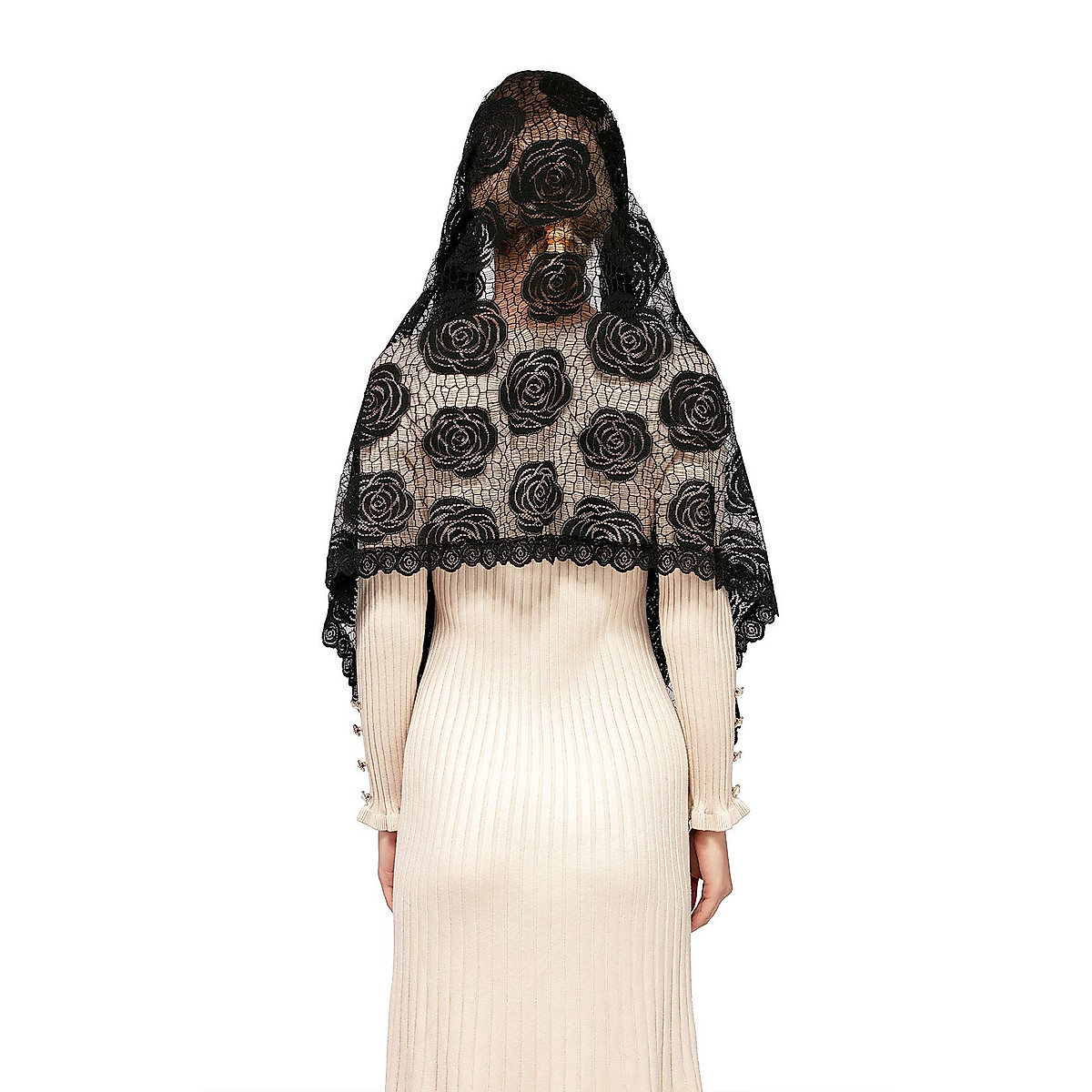 Wgior Rose Rectangular Chapel Veil Scarf Catholic Church Veils Mantilla Wrap Shawl Mass Head Covering (Black)