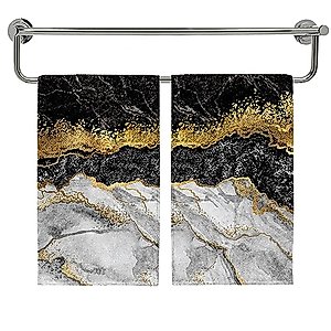 Fuliko Hand Towels for Bathroom, Soft Absorbent Black Gold Marble Towel Set 30x15, Washcloths Face Towels Perfect for Daily Use Home Kitchen Bathroom Decor (Black Gold Marble)