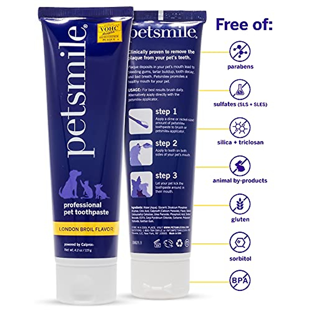 Petsmile Professional Pet Toothpaste | Cat & Dog Dental Care | Controls Plaque, Tartar, & Bad Breathe | Only VOHC Accepted Toothpaste | Teeth Cleaning Pet Supplies (London Broil, 4.2 Oz)