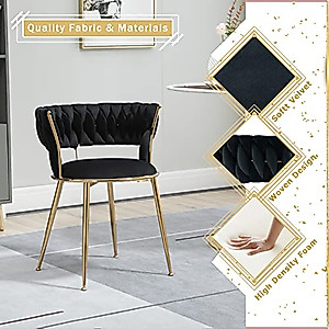 SmartDer Velvet Dining Chairs Set of 4, Upholstered Dining Room Chairs with Woven Backrest, Modern Kitchen Dinner Chair, Tufted Accent Vanity Armchair for Dining Room, Living Room, Bedroom, Black