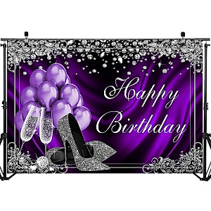 Mocsicka Purple Silver Birthday Backdrop for Women 7x5ft Purple Silver High Heels Balloons Birthday Photography Backdrops Sweet 16 Girl Birthday Party Decorations Photo Background