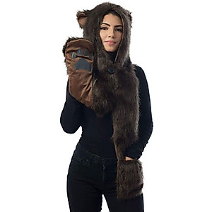 Brown Bear Full Animal Hood Hoodie Hat Faux Fur 3 in 1 Function