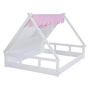 HBRR Full Size Montessori Floor Fabric, Platform Tent w/Fence and Roof, Wood Playhouse Bed for Girls Boys Bedroom, White+Pink