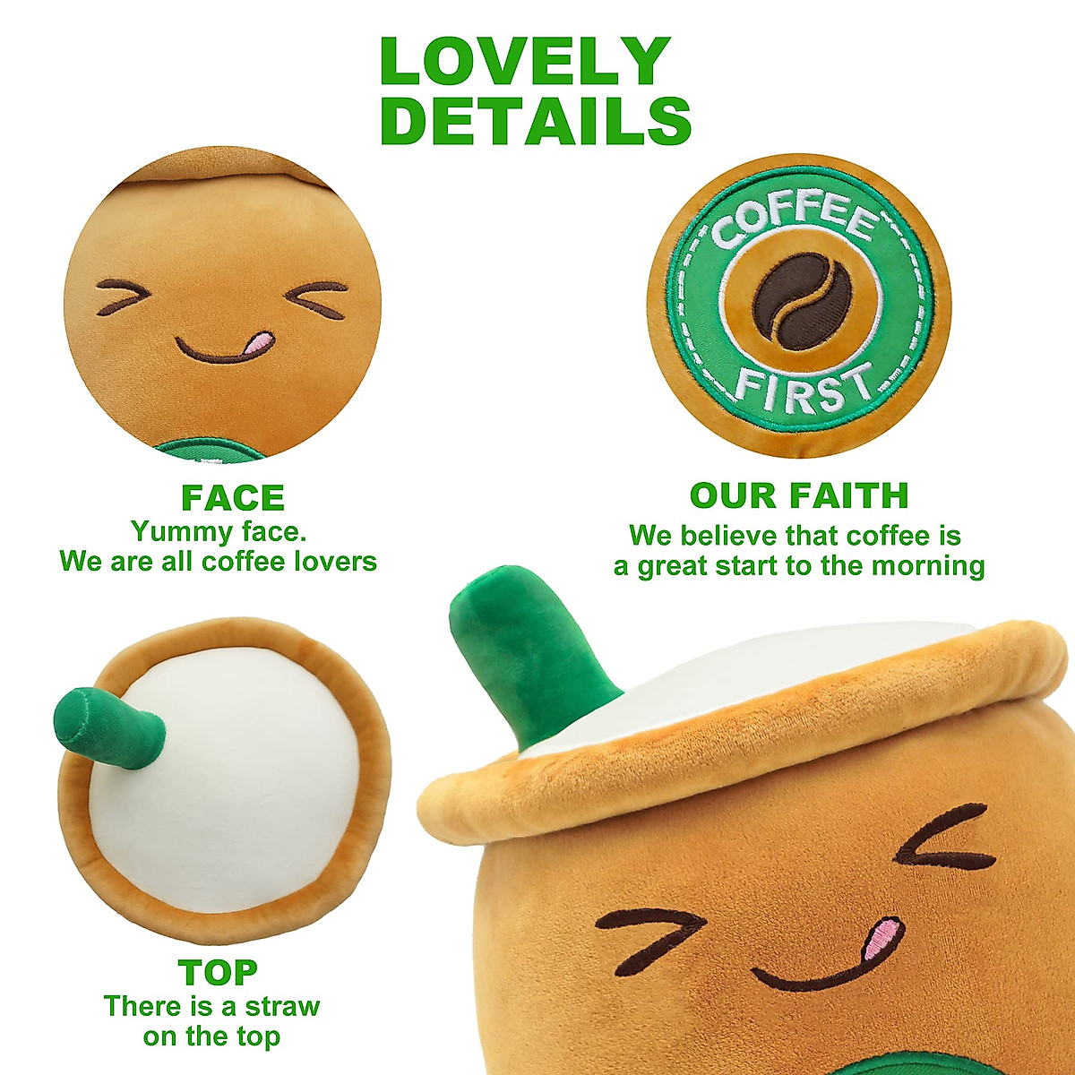 Ditucu Cute Coffee Cafe Cup Boba Plush Kawaii Bubble Plushie Milk Tea Pillow Soft Stuffed Animals Toys Gifts for Kids Brown 13.7 inch