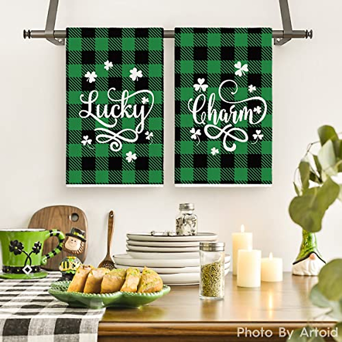 Artoid Mode Buffalo Plaid Lucky Charm St. Patrick's Day Kitchen Dish Towels, 18 x 26 Inch Seasonal Clover Shamrock Ultra Absorbent Drying Cloth Tea Towels for Cooking Baking Set of 2