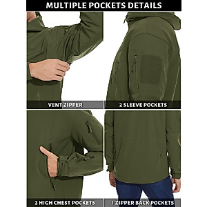 TACVASEN Men Winter Waterproof Snowboard Softshell Parka Jacket Tactical Hoodie Rain Jackets Fleece Lined Mutil-pockets Ski Coats Army Green M
